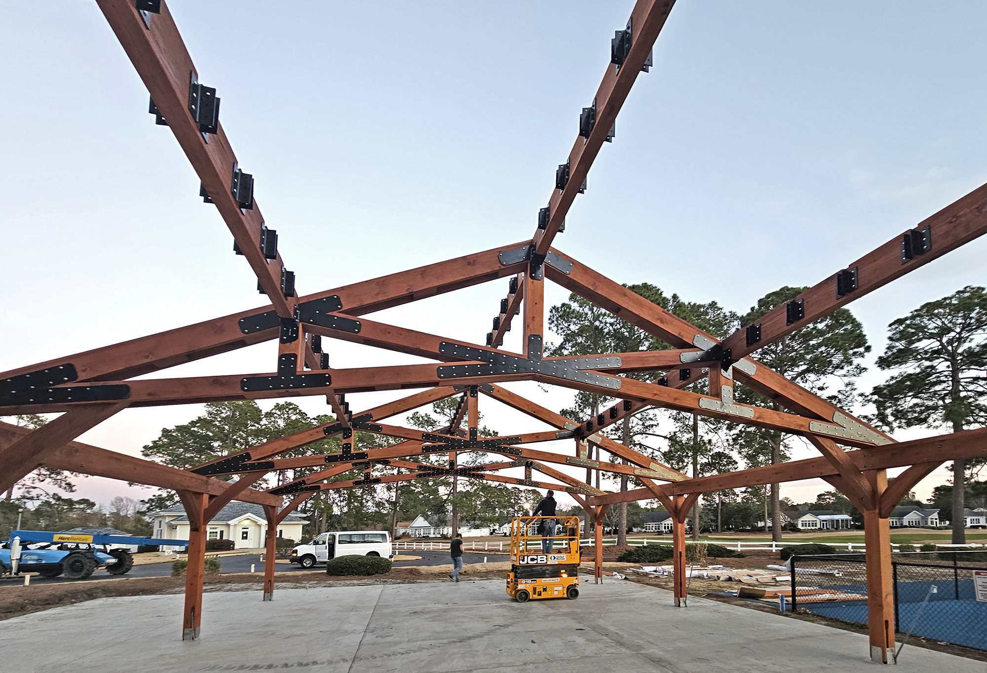 Watch how a 45’ x 35’ Esther’s Scissor Truss Redwood Pavilion come to ...