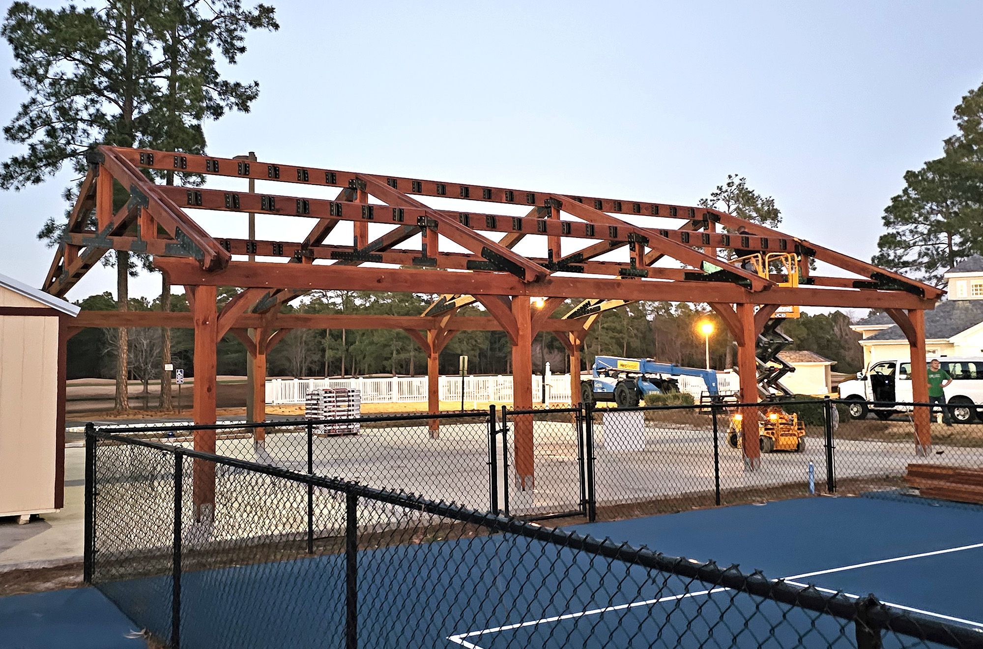 Watch how a 45’ x 35’ Esther’s Scissor Truss Redwood Pavilion come to ...