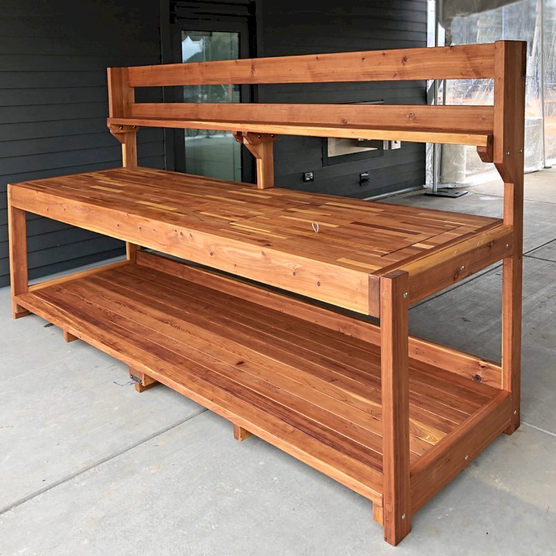 Redwood Potting Bench, Custom Outdoor Wood Bench