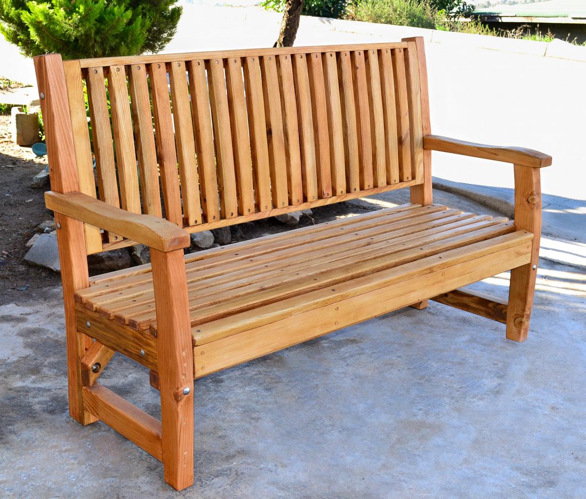 Handcrafted Wood Bench with Slats, Custom Redwood Seating