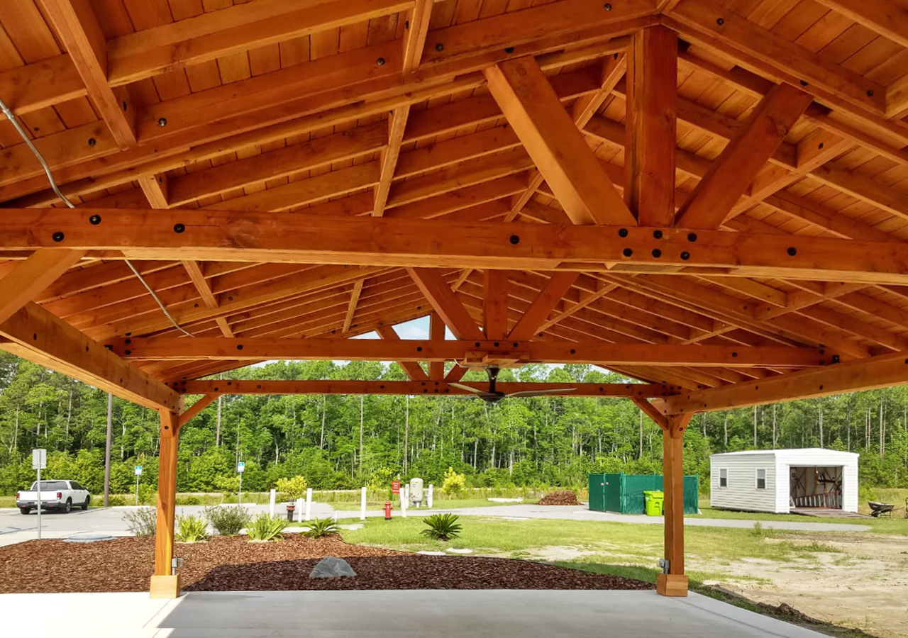 Del Rio Cathedral Ceiling Thick Timber Pavilion | Forever Redwood