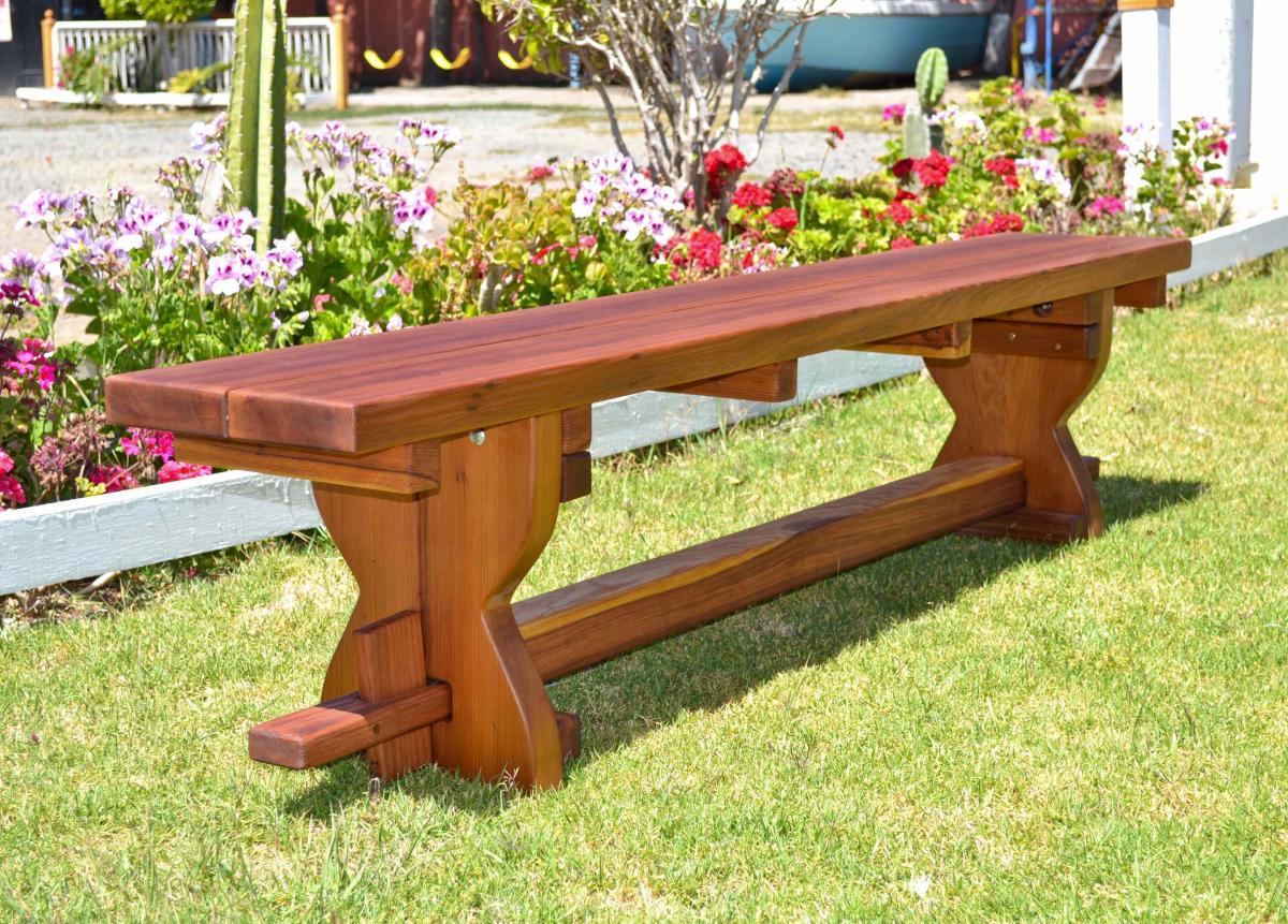 Redwood Trestle Bench, Custom Outdoor Wooden Bench